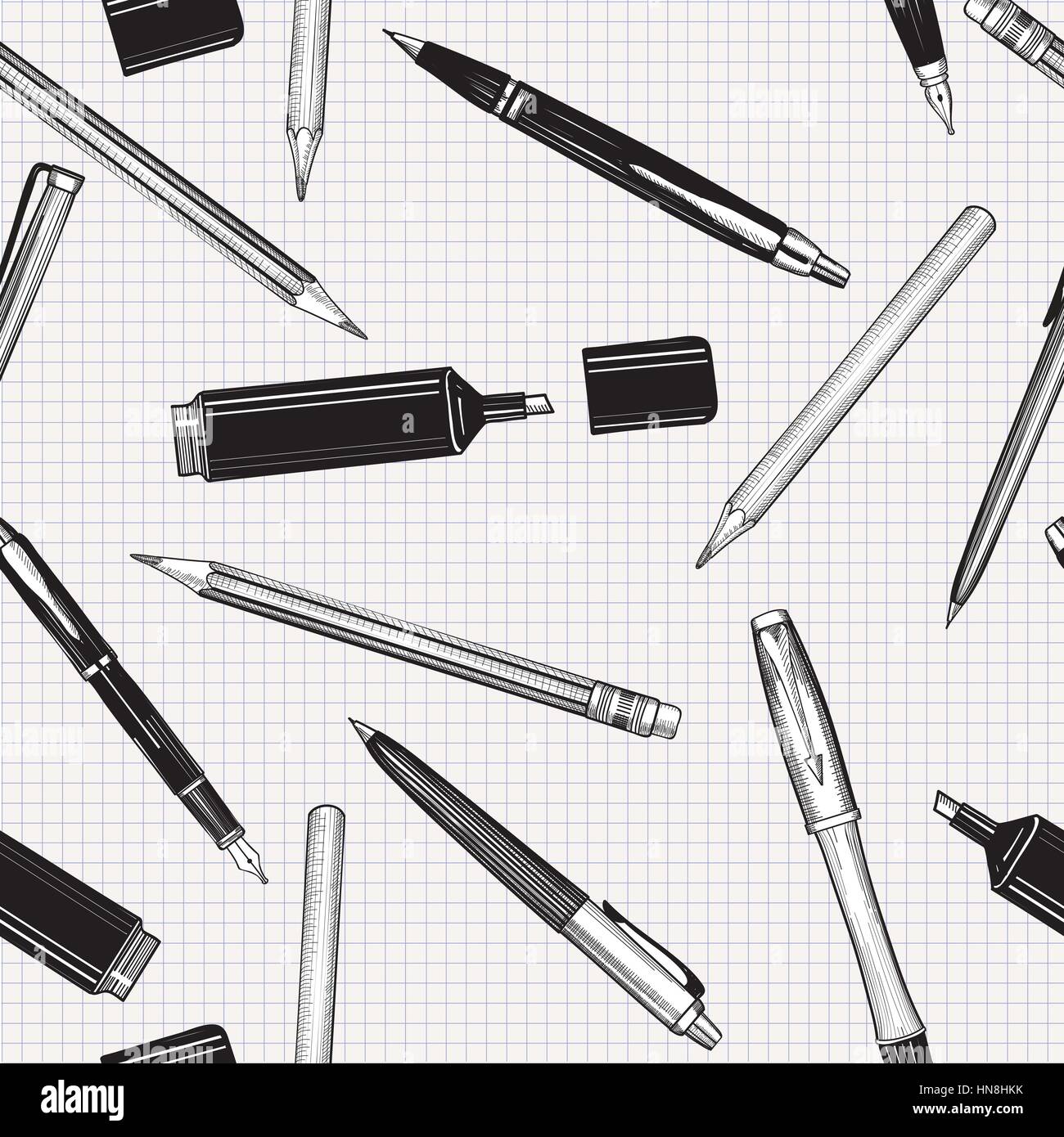 Pen set seamless pattern. Hand drawn vector. Pencils, pens and marker ...