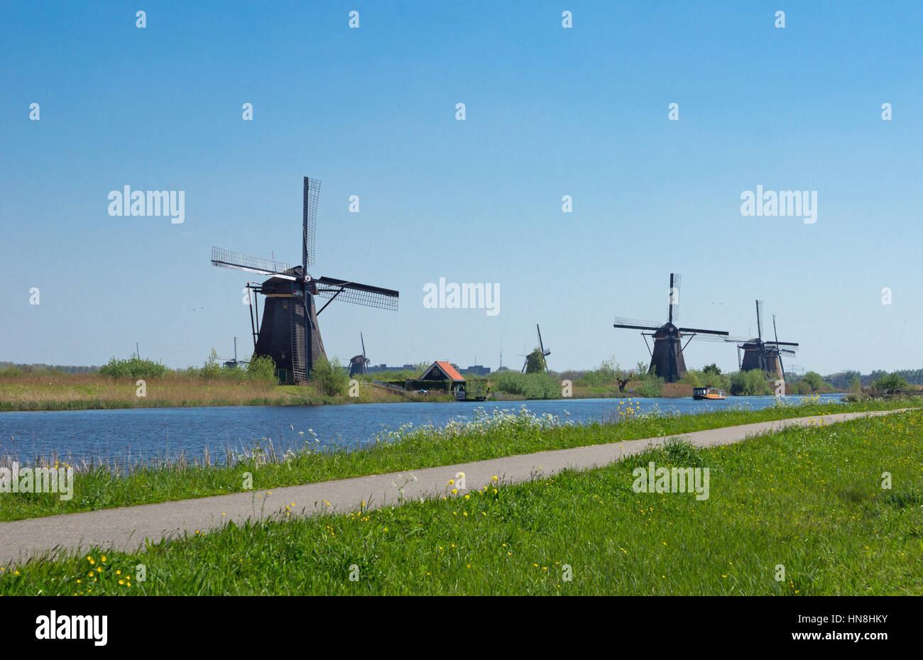Historic Dutch windmills on the polders in Kinderdijk, South Holland, Netherlands, UNESCO World ...