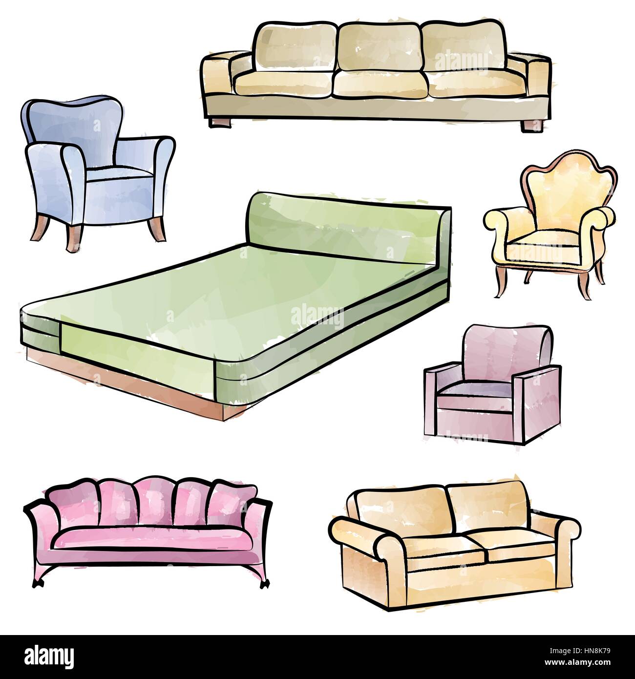 Furniture set. Interior detail isolated color outline collection: bed ...