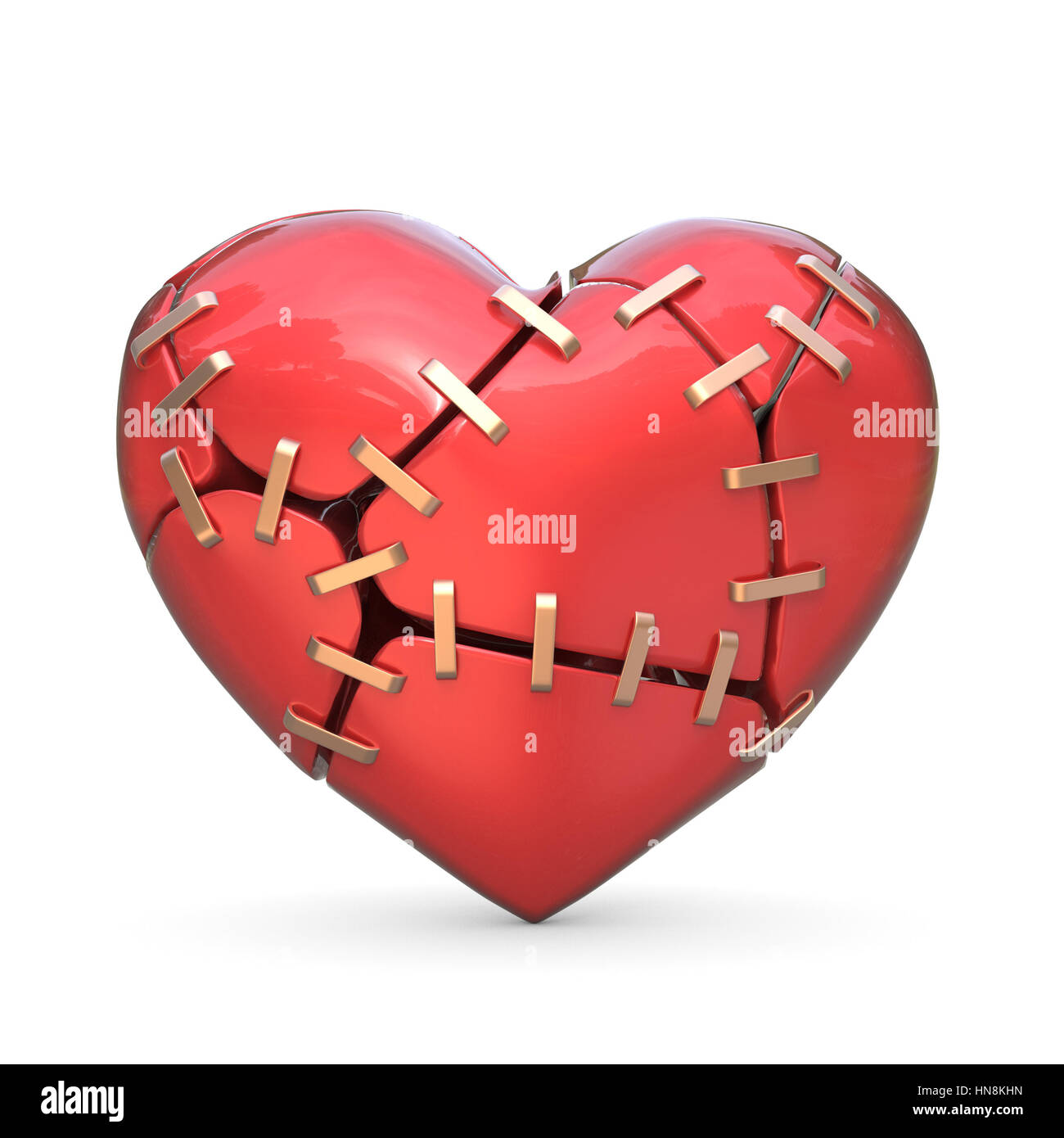 Broken red heart joined with metal staples. 3D render illustration ...