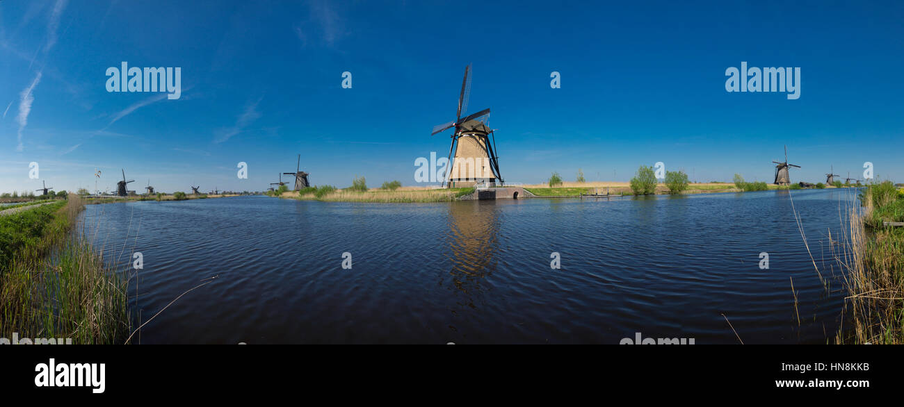 Historic Dutch windmills on the polders in Kinderdijk, South Holland ...