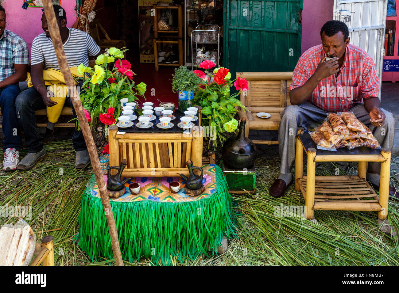 Ethiopian People Drinking Coffee At An Outdoor Cafe (Coffee Ceremony ...