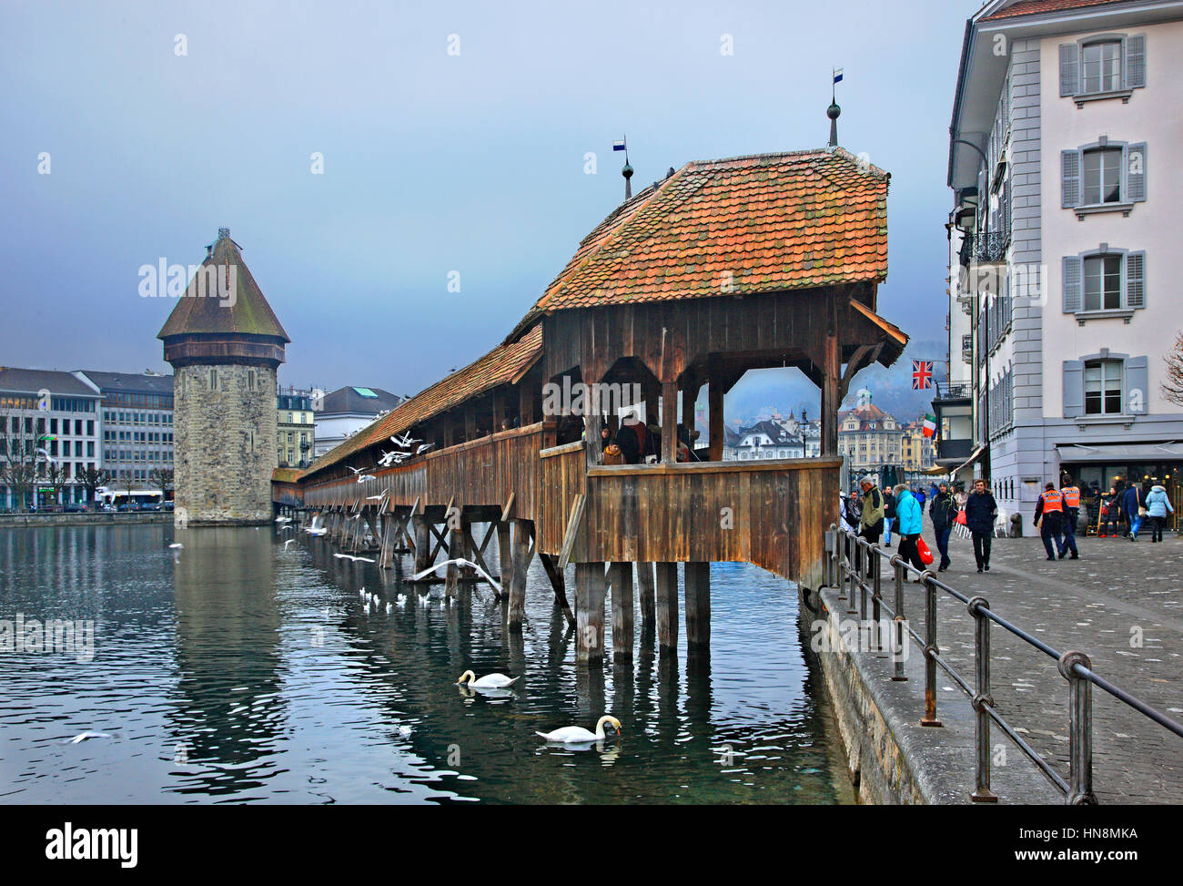 The famous Kapellbrücke ("Chapel Bridge"), a covered wooden footbridge ...