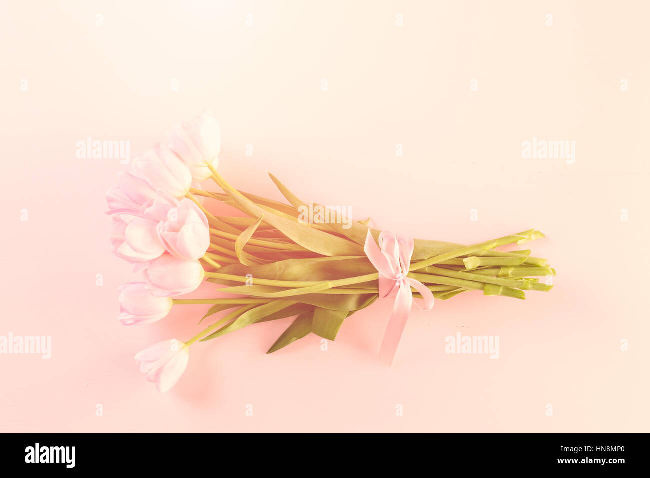 Bouquet of pink tulips wrappen in pink paper Stock Photo - Alamy