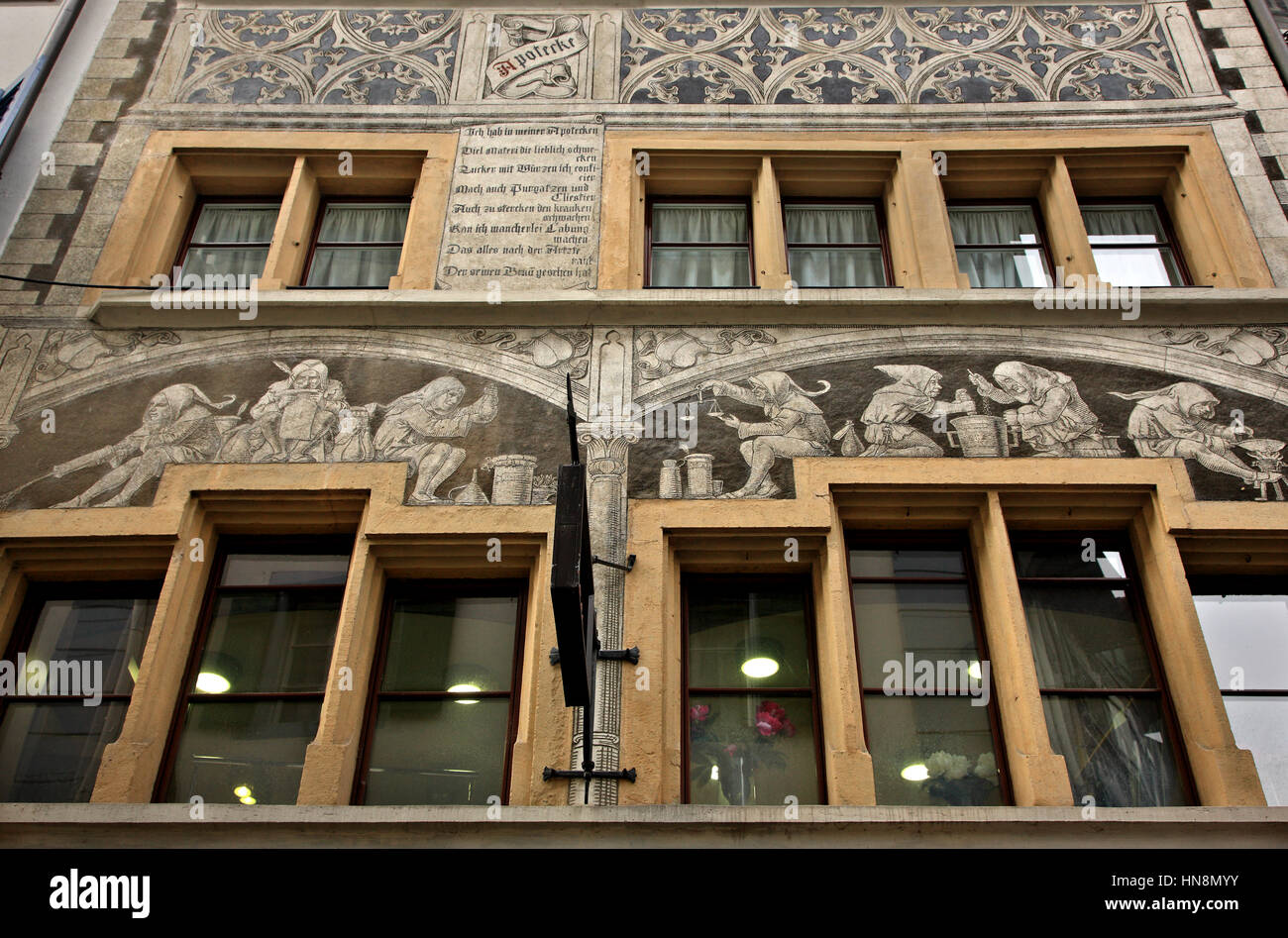 Facade of building decorated with the sgraffito technique, in the old ...