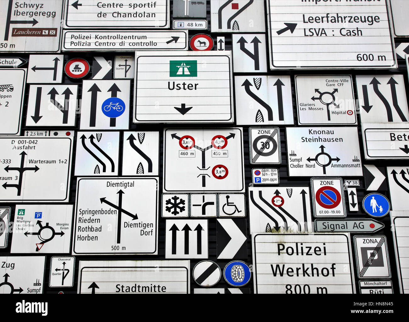 Road signs in the Swiss Museum of Transport (Verkehrshaus der Schweiz ...