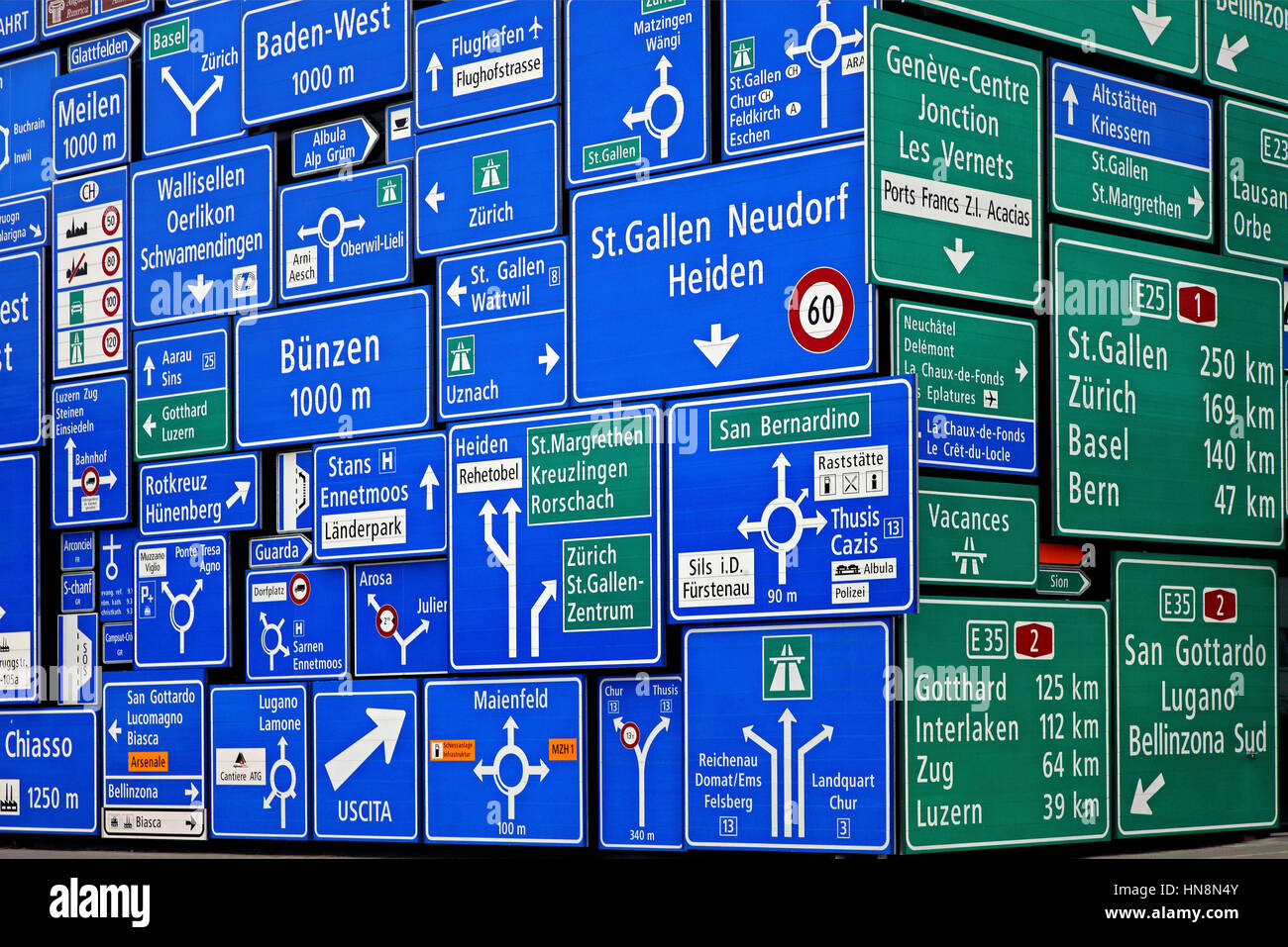 Road signs in the Swiss Museum of Transport (Verkehrshaus der Schweiz ...