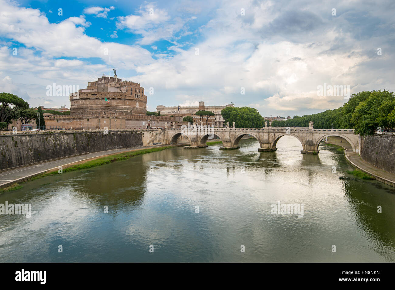 Rome, Italy- Landscape view of the Tiber river with Castel Sant'Angelo ...
