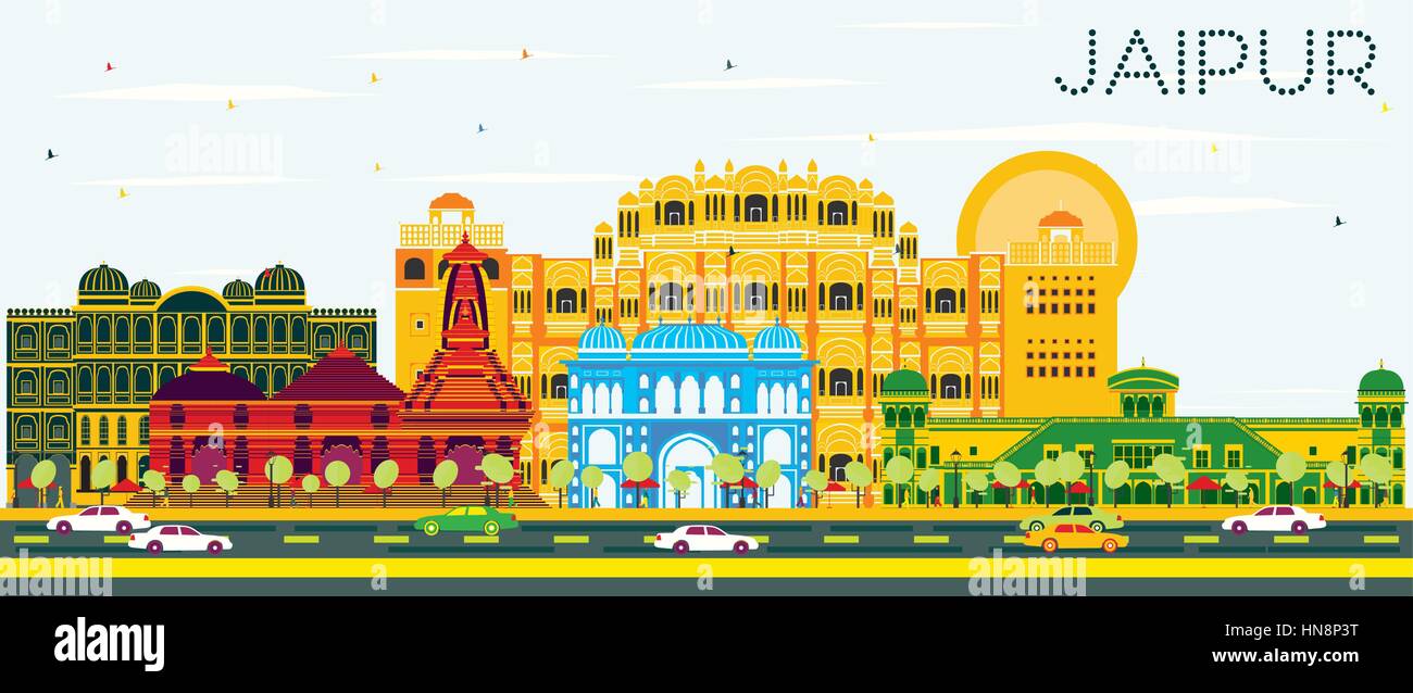Jaipur Skyline with Color Buildings and Blue Sky. Vector Illustration ...