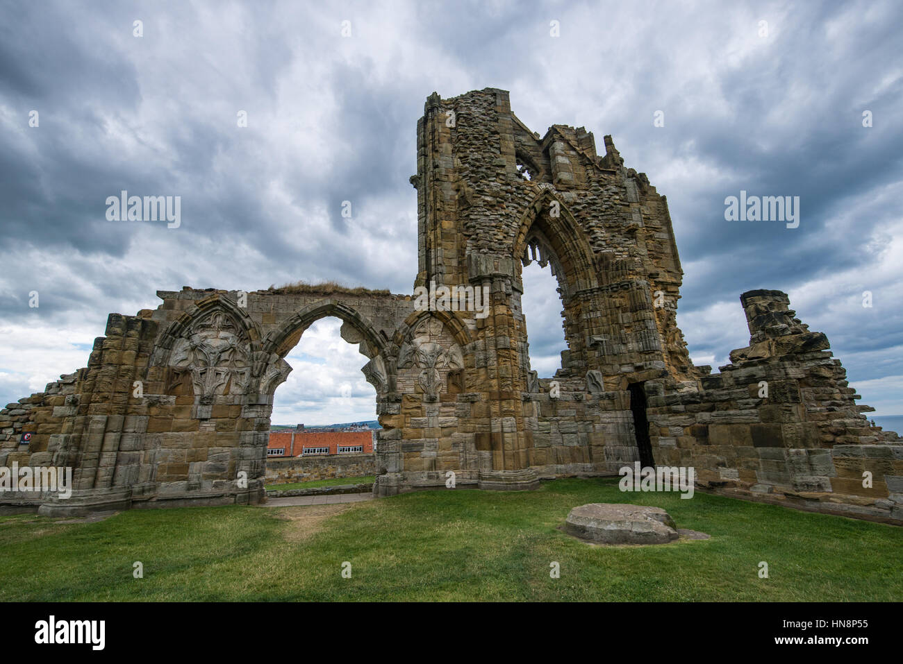 UK, England, Yorkshire - stone remains of the Whitby Abbey in England ...