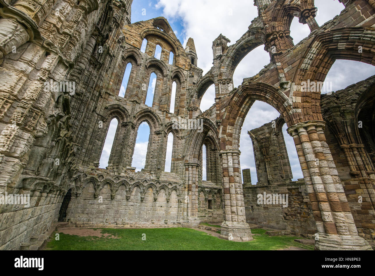UK, England, Yorkshire - view from inside the remains of Whitby Abbey ...