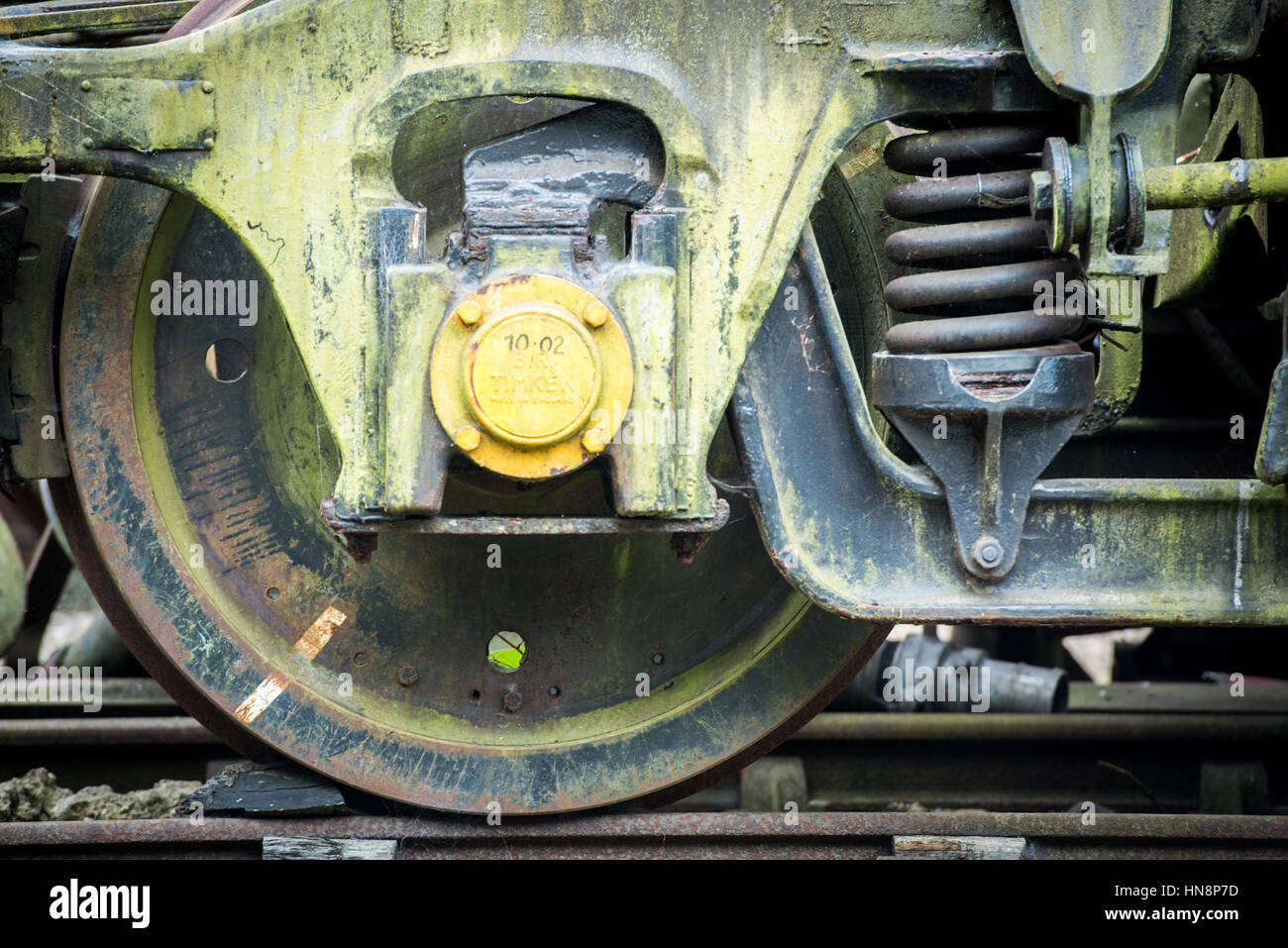 UK, England, Yorkshire - a close up of a metal train wheel at the North ...