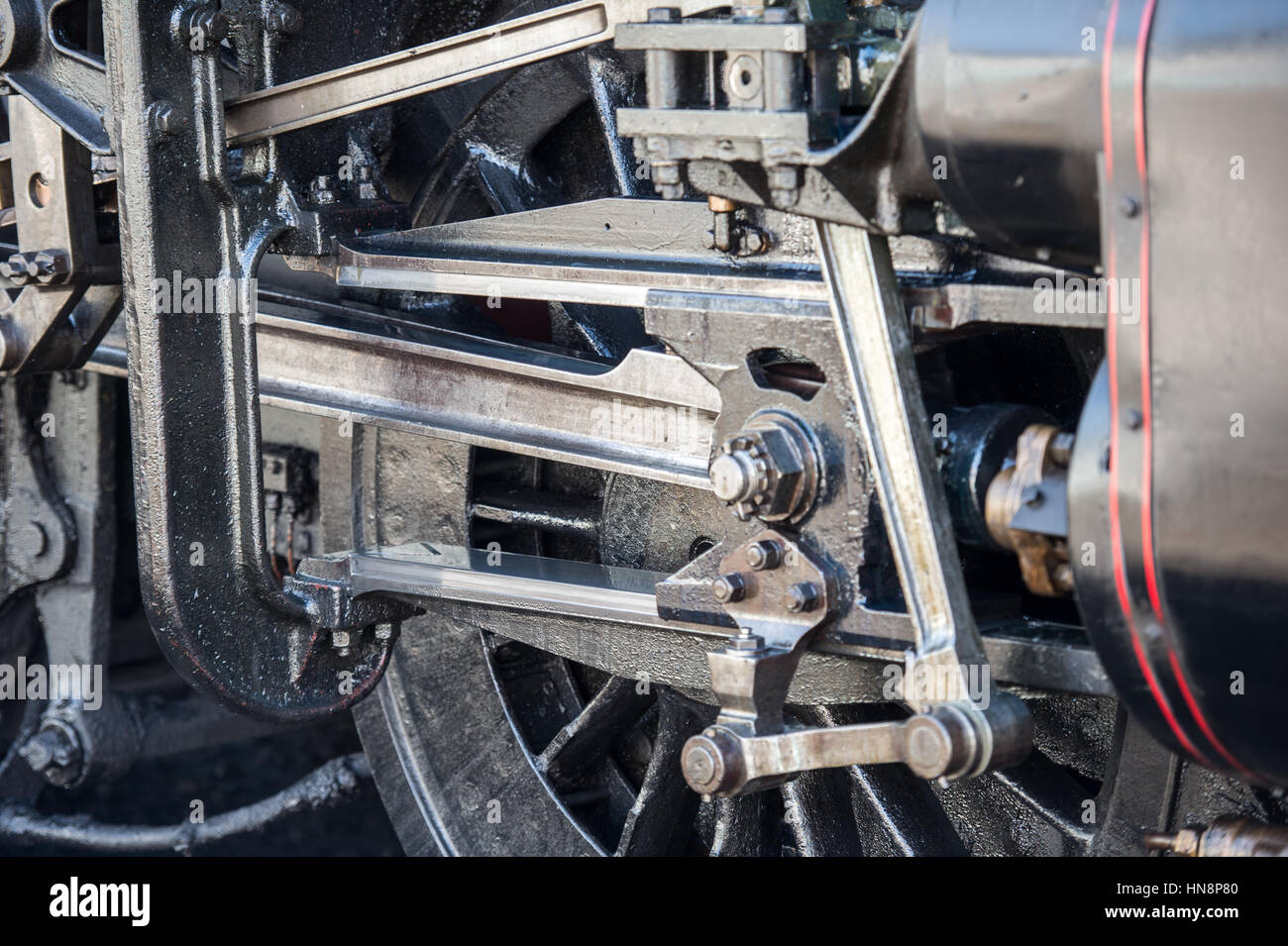 Close up of the steel parts of a train at the Goathland railway station ...