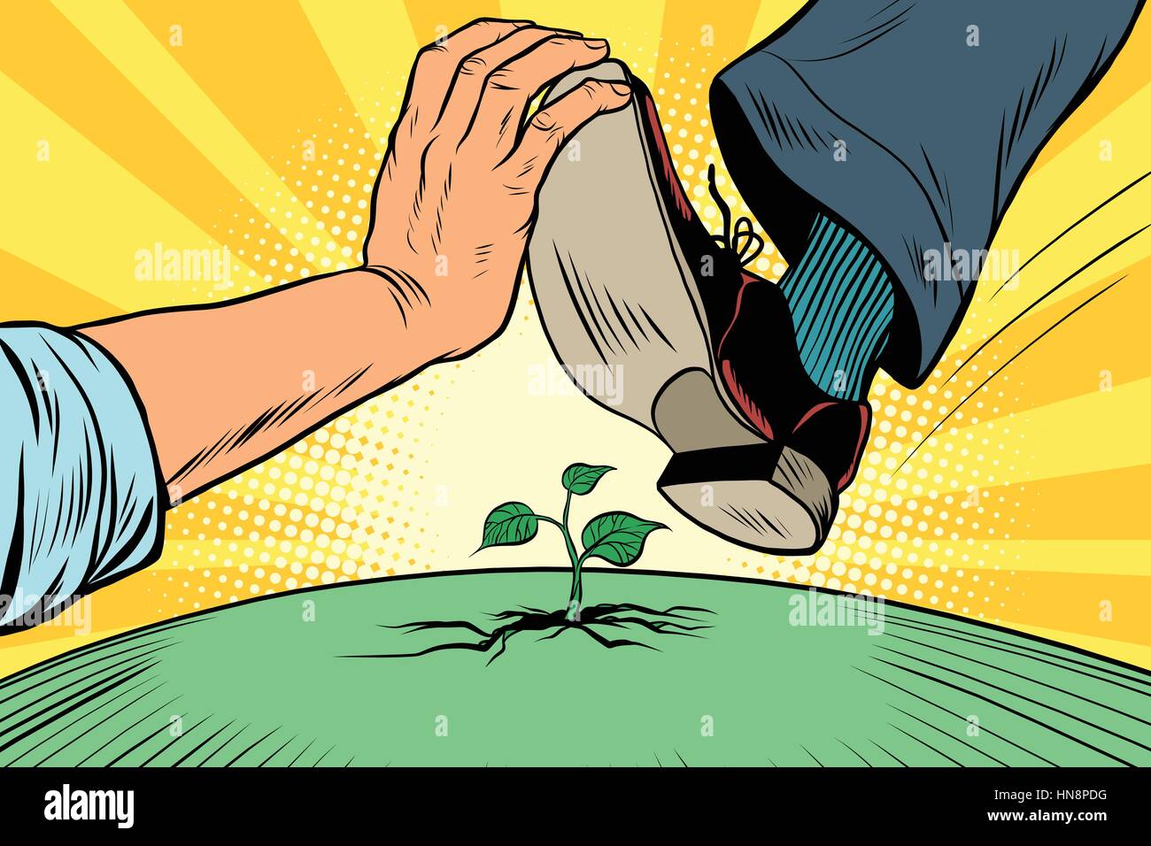 Activist to protect nature. The human foot comes to green sprout ...