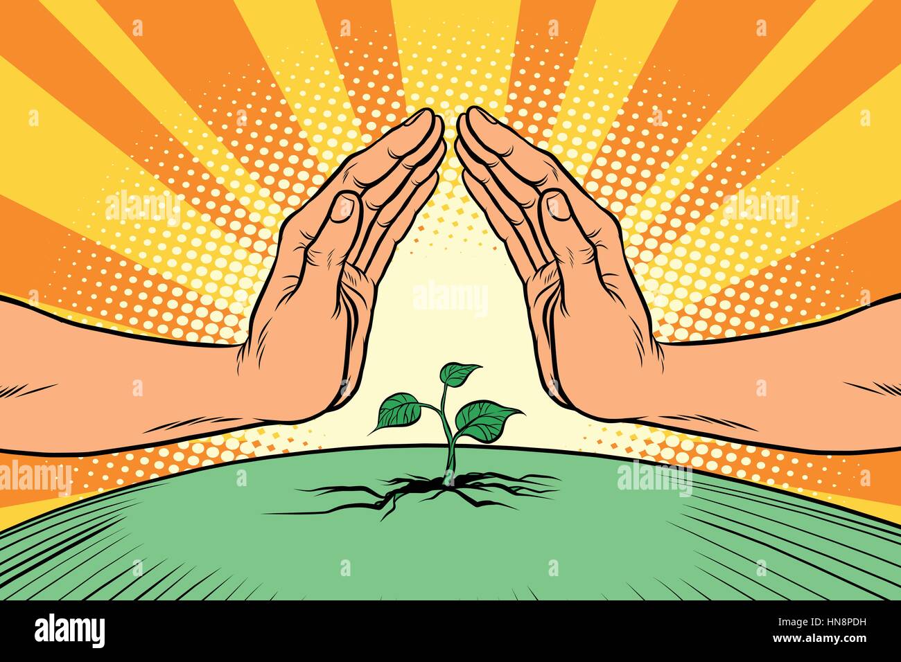 Human hands protecting a green sprout, environment and nature. Pop art ...