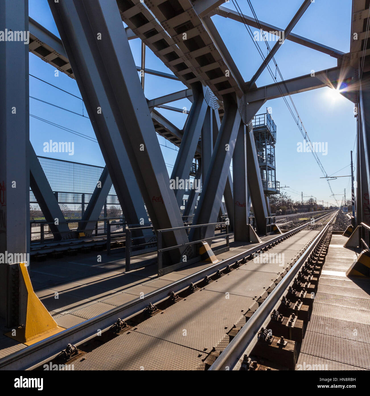 Railway metal bridge perspective view Stock Photo - Alamy