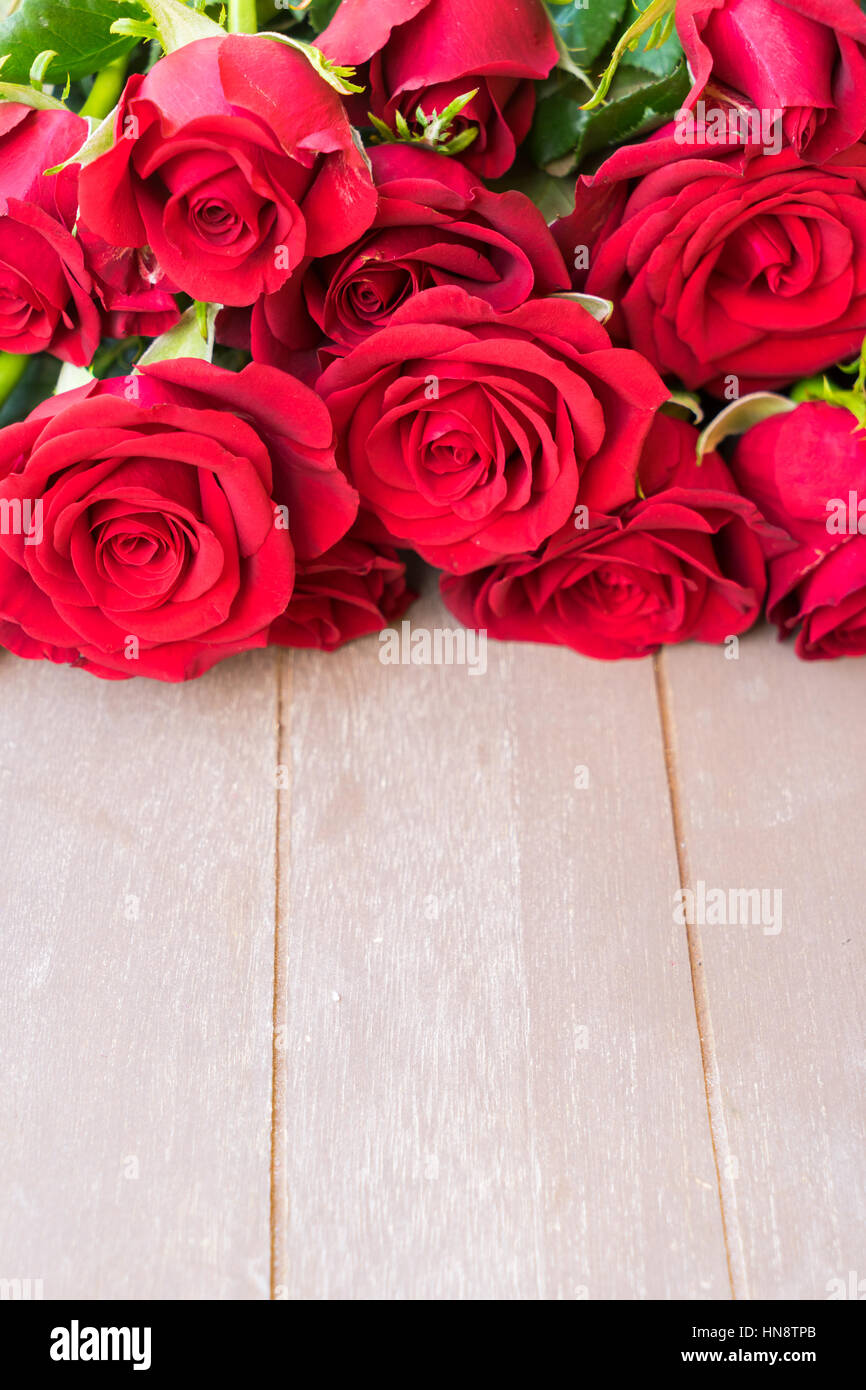 Dark Red buds of valentines day fresh roses border on gray wood with ...
