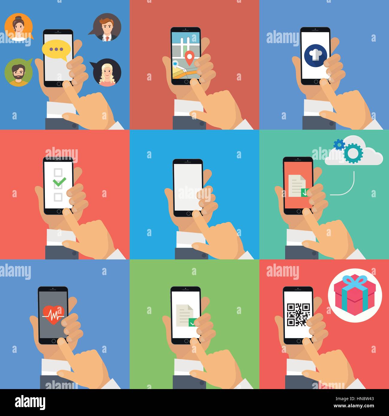 Set business man hand holding a smartphone. Different actions on the ...