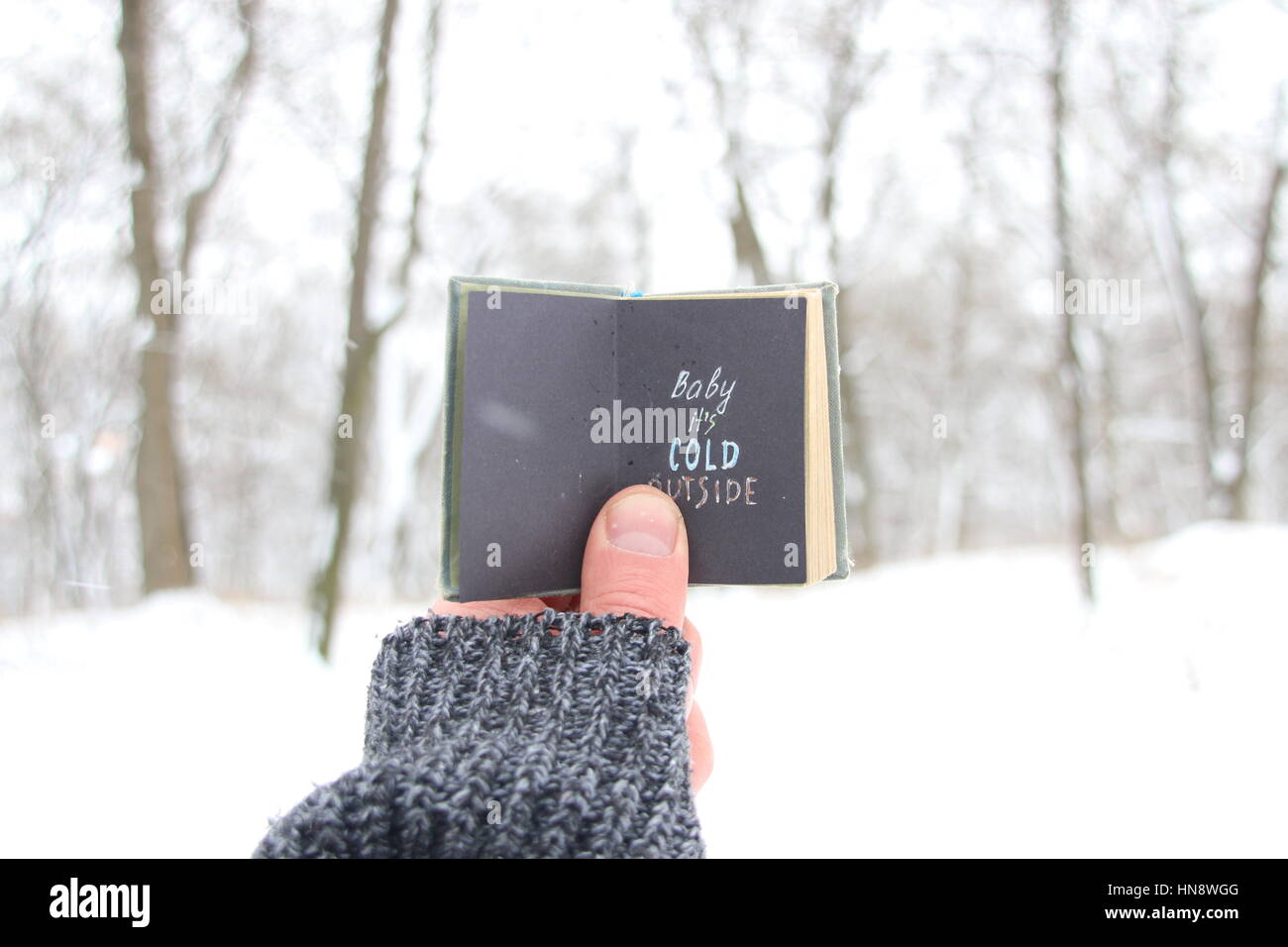 Baby it's cold outside. Winter romantic lettering. man holding a book ...