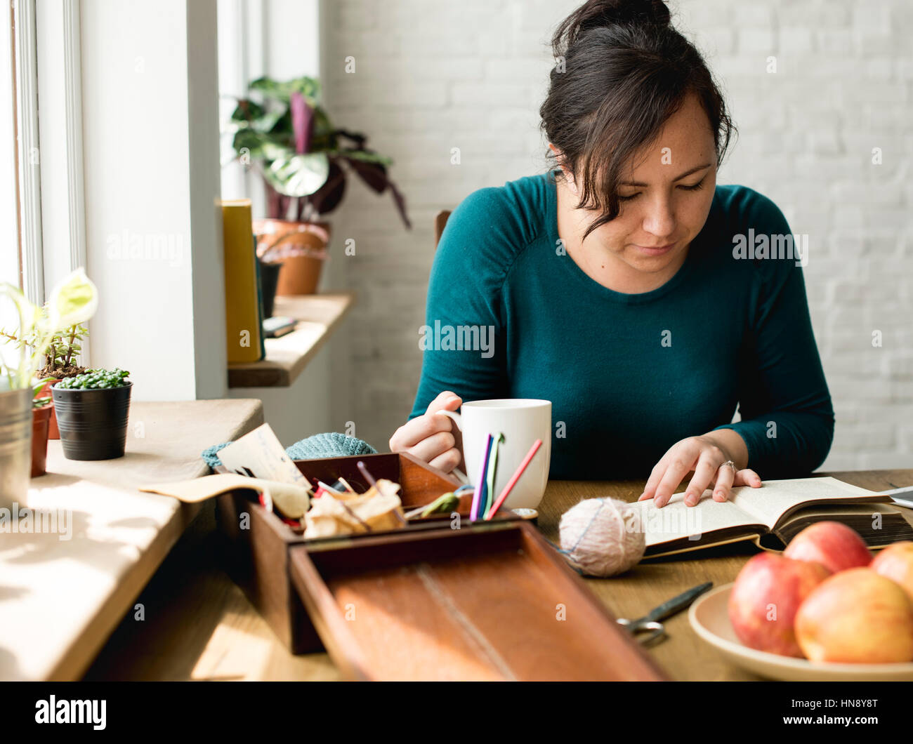 Woman Reading Relax Drinking Eating Breakfast Stock Photo - Alamy
