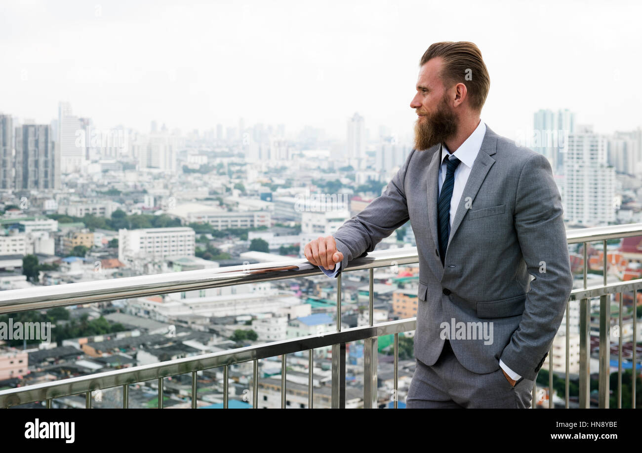 Caucasian Business Man Standing Railings City View Stock Photo - Alamy