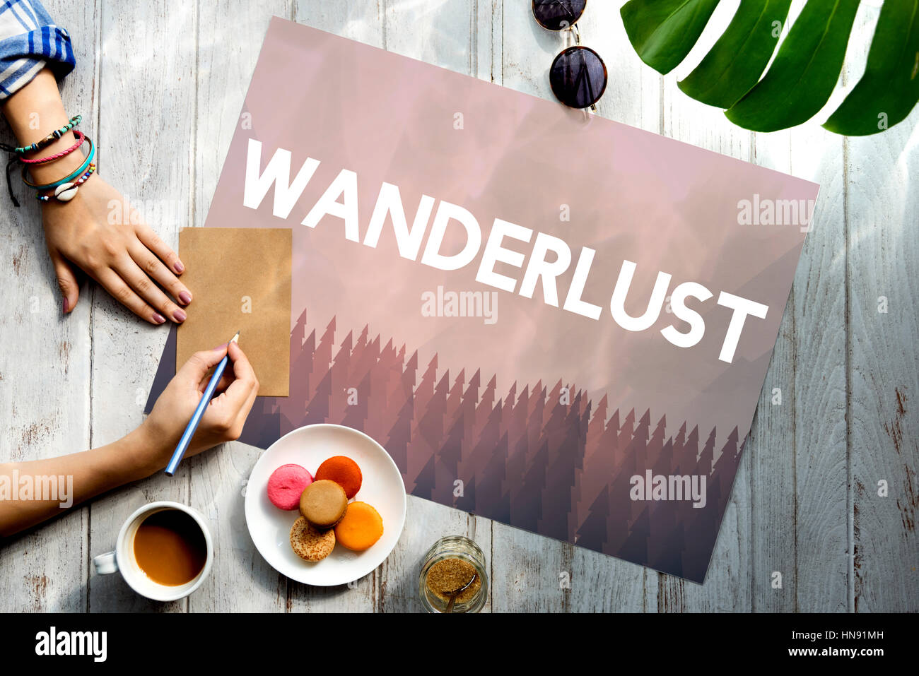 Wanderlust word on nature background with trees Stock Photo - Alamy