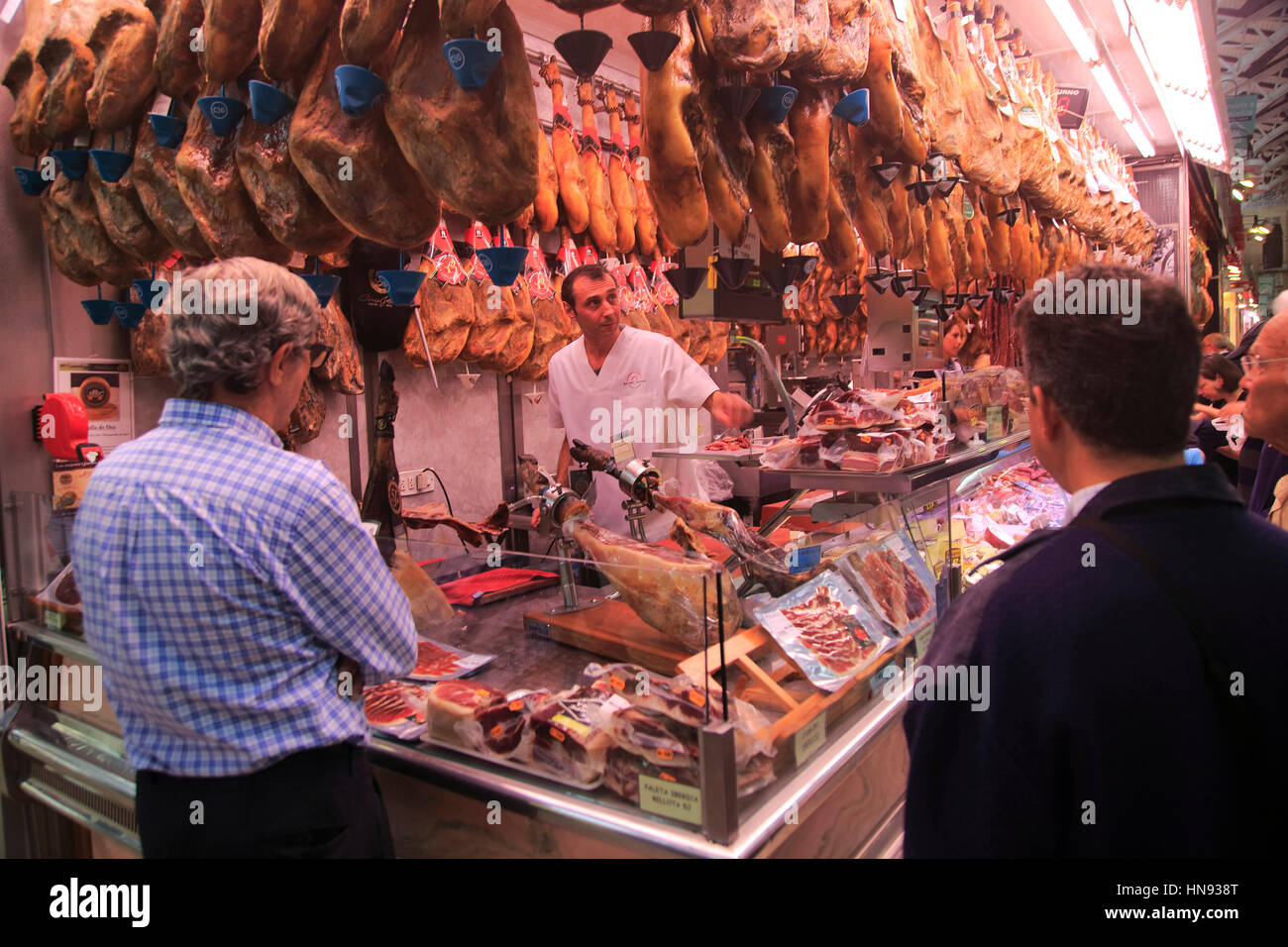 Ham jamon meat stall inside central market building, city of Valencia ...