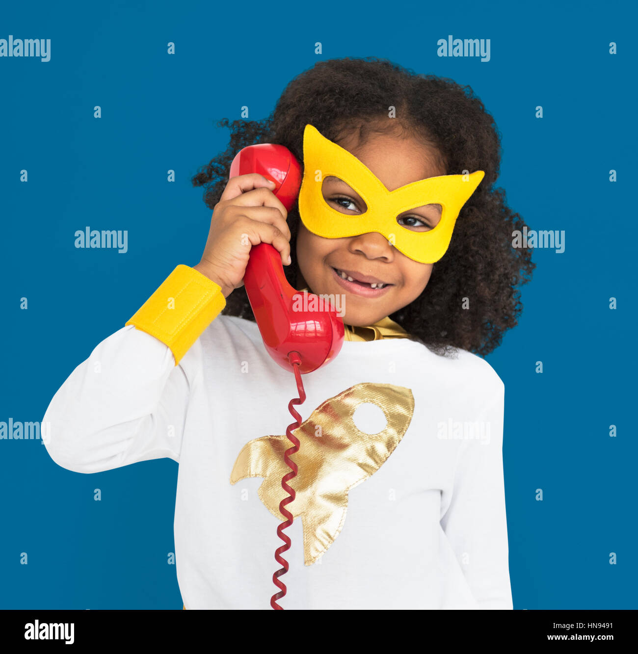 Superhero Girl with Telephone Concept Stock Photo - Alamy