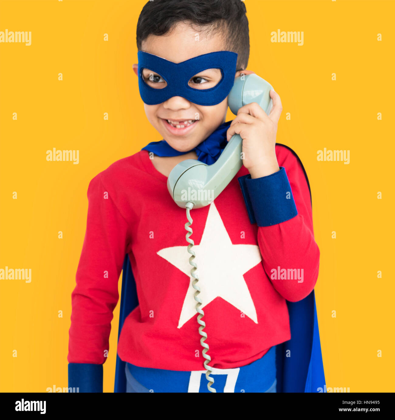 Superhero Boy with Telephone Concept Stock Photo - Alamy
