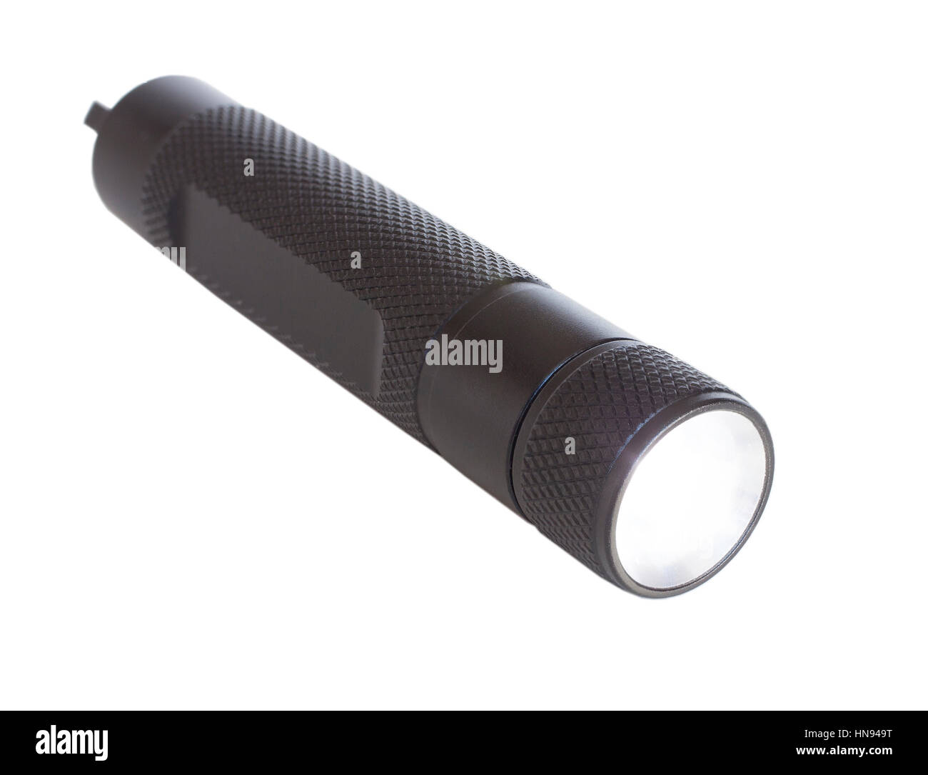 Black metal flashlight isolated on a white background Stock Photo - Alamy