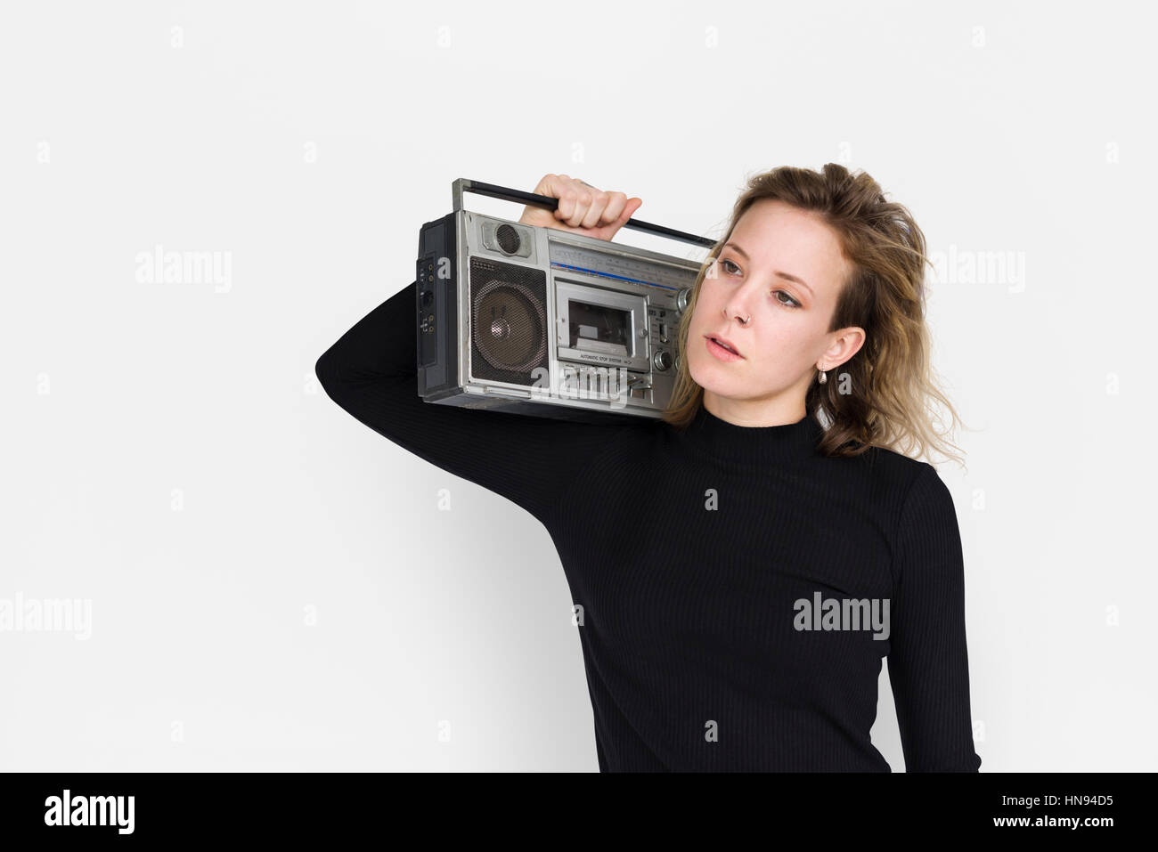 Caucasian Lady Holding Jukebox Neutral Stock Photo - Alamy