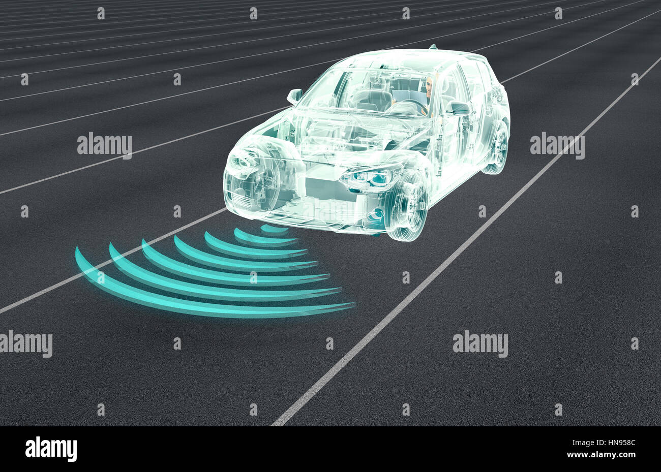 self driving electronic computer cars on road, 3d illustration Stock ...