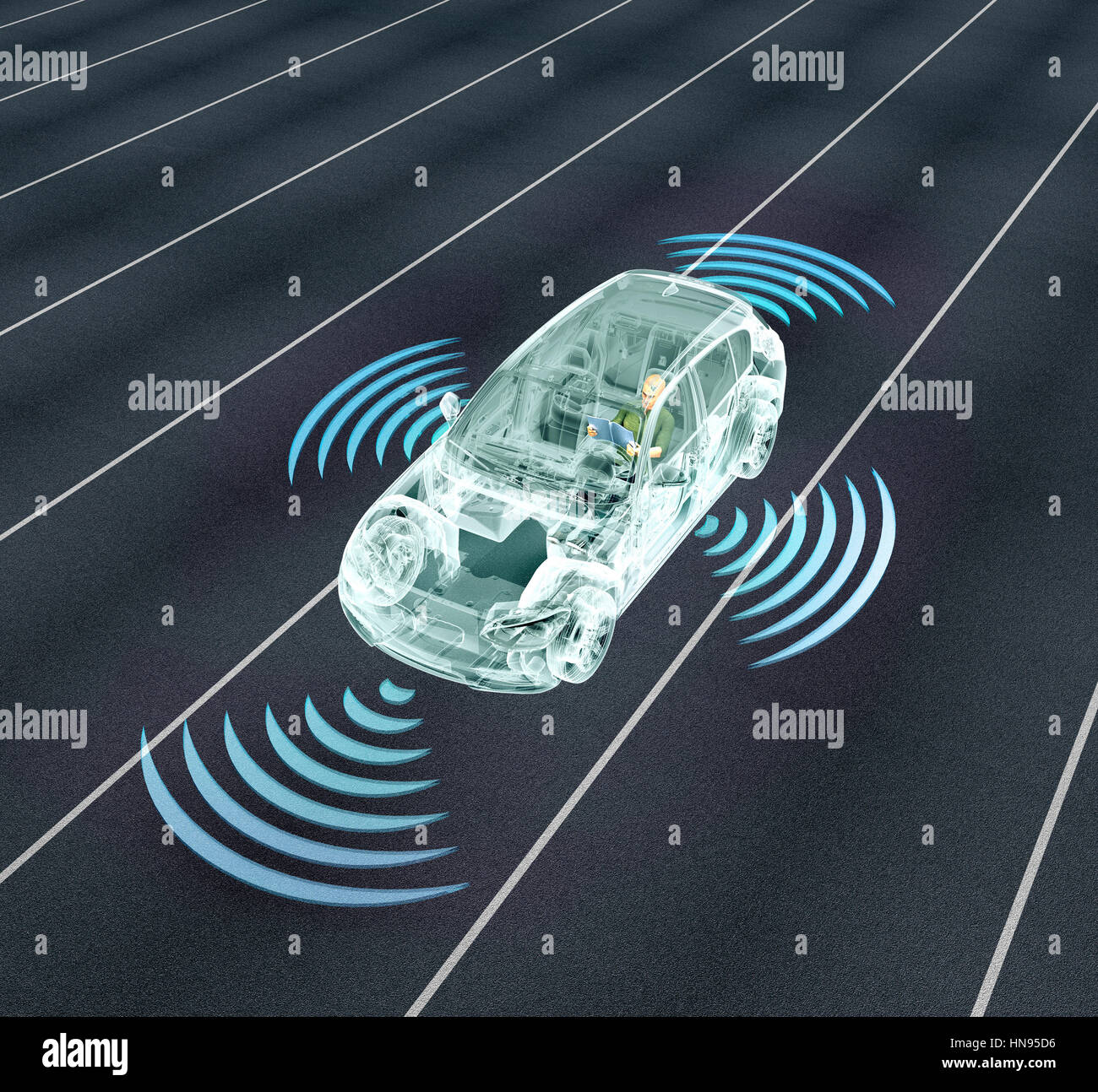 Self Driving Electronic Computer Cars On Road 3d Illustration Stock