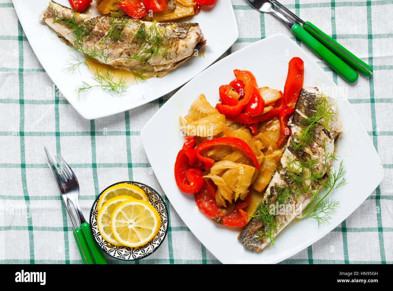 grilled gray mullet fish with sweet and sour vegetables : stewed red ...