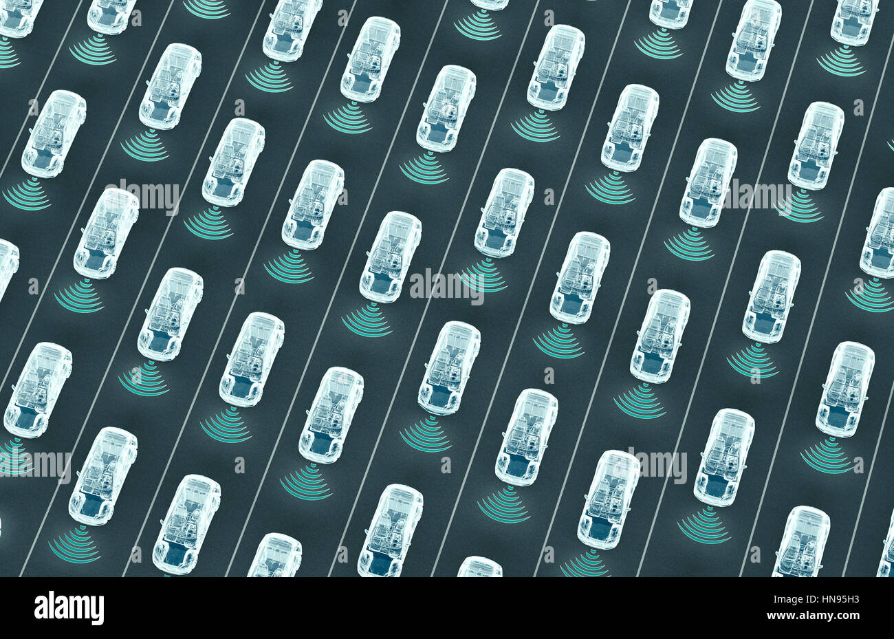 self driving electronic computer cars on road, 3d illustration Stock ...