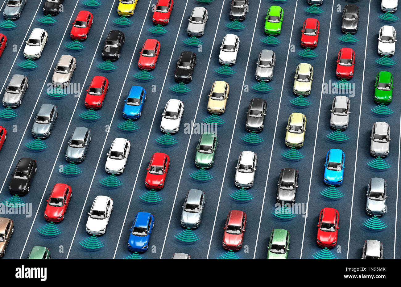 self driving electronic computer cars on road, 3d illustration Stock ...