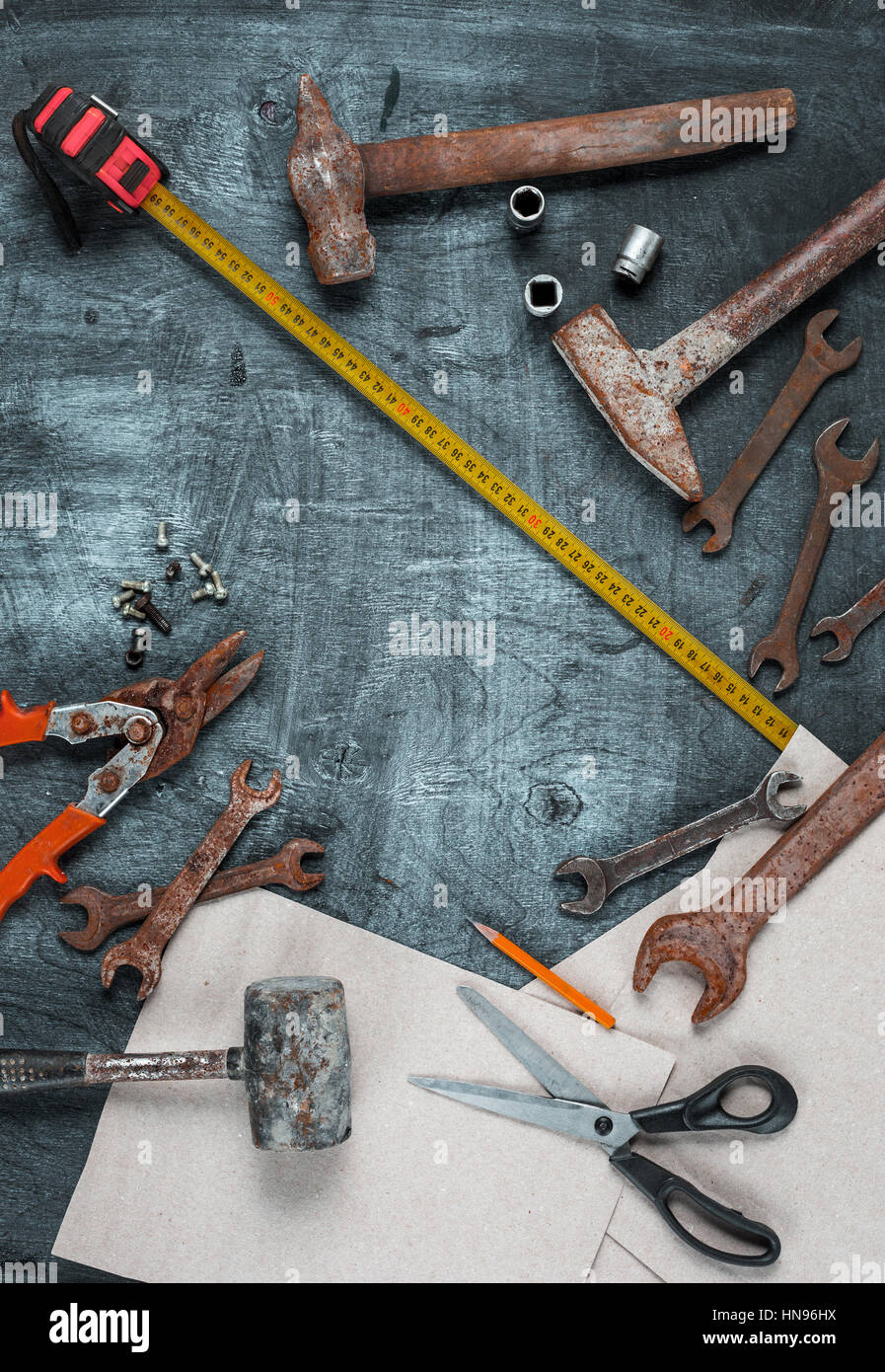 The set of construction tools on wooden background Stock Photo - Alamy