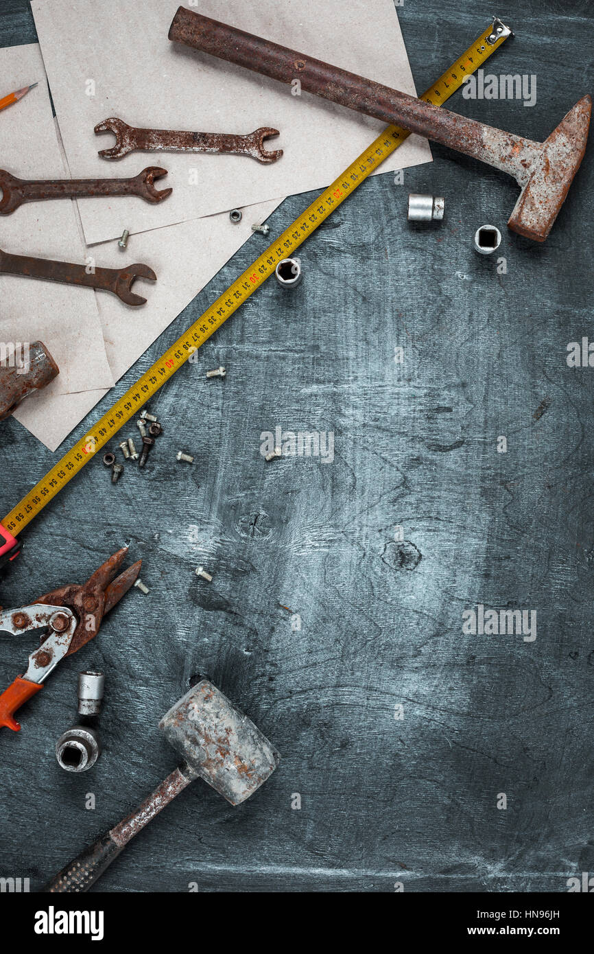 The set of construction tools on wooden background Stock Photo - Alamy