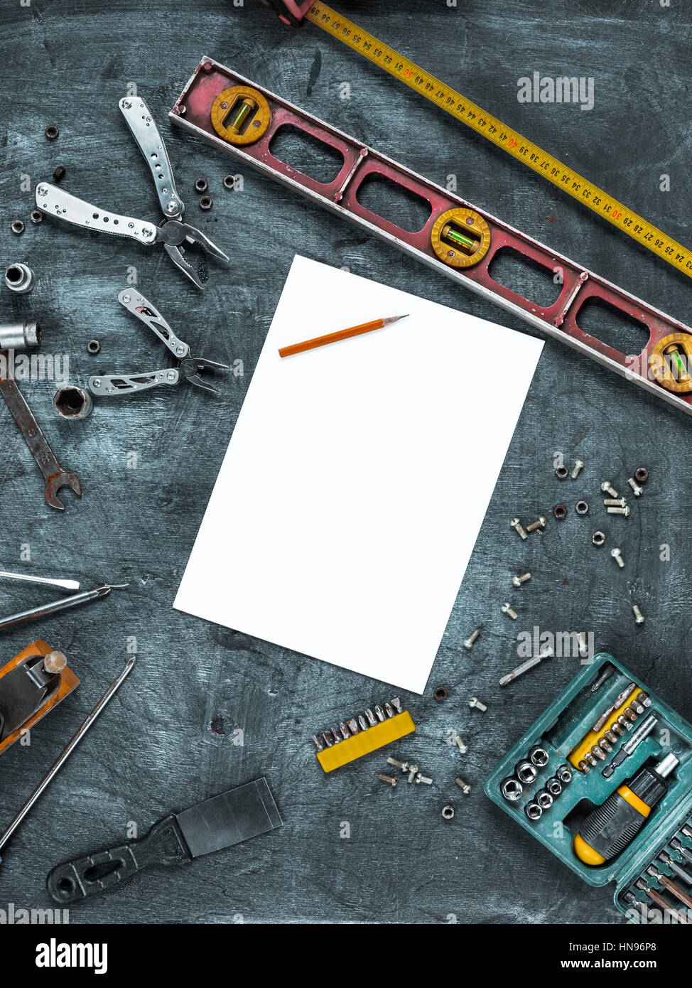 The set of construction tools on wooden background Stock Photo - Alamy