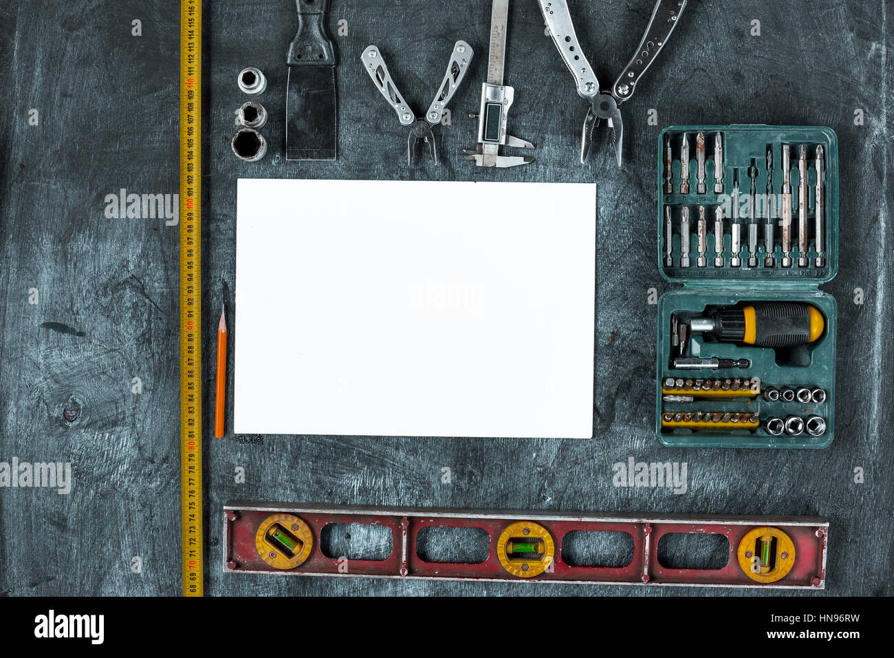 The set of construction tools on wooden background Stock Photo - Alamy