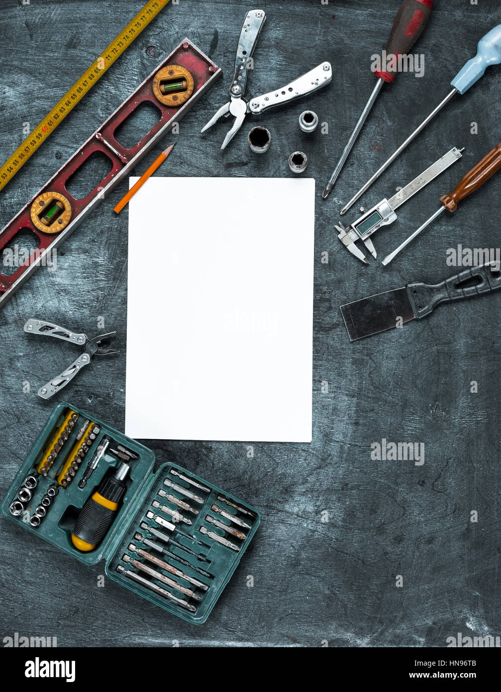 The set of construction tools on wooden background Stock Photo - Alamy