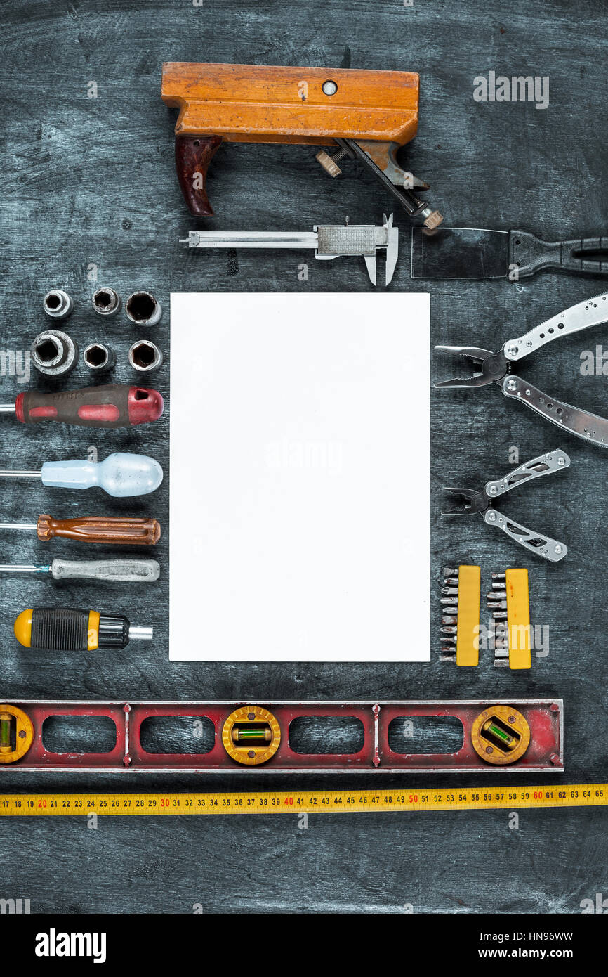 The set of construction tools on wooden background Stock Photo - Alamy