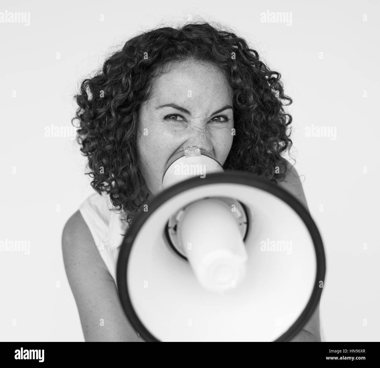 Person speaking bullhorn Black and White Stock Photos & Images - Alamy