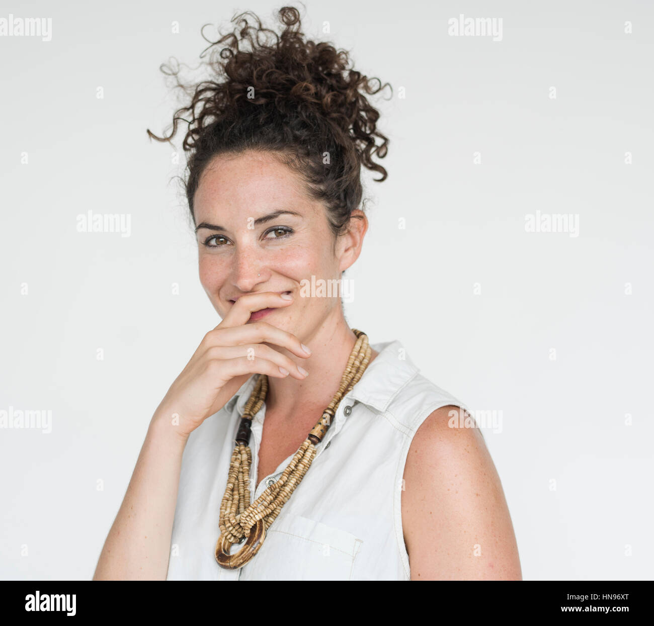 Mature woman white background shy hi-res stock photography and images - Alamy