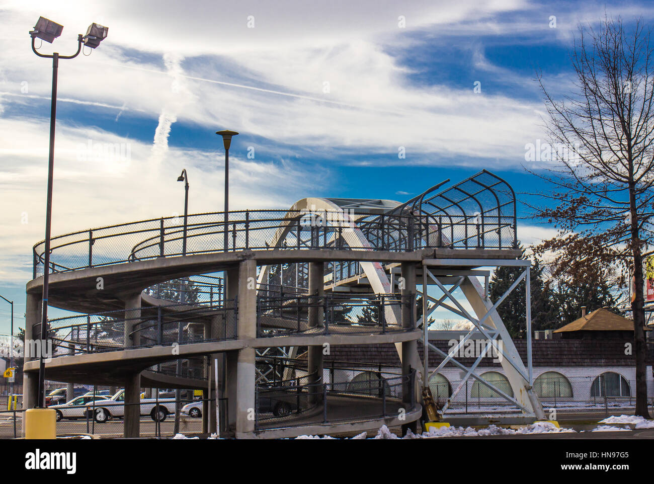 Spiral Pedestrian Ramp Crossing Street Traffic In Wintertime Stock ...