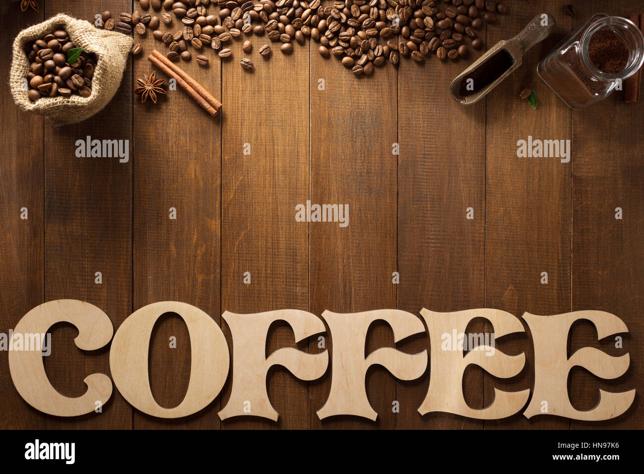 coffee letters and beans on wooden background Stock Photo - Alamy