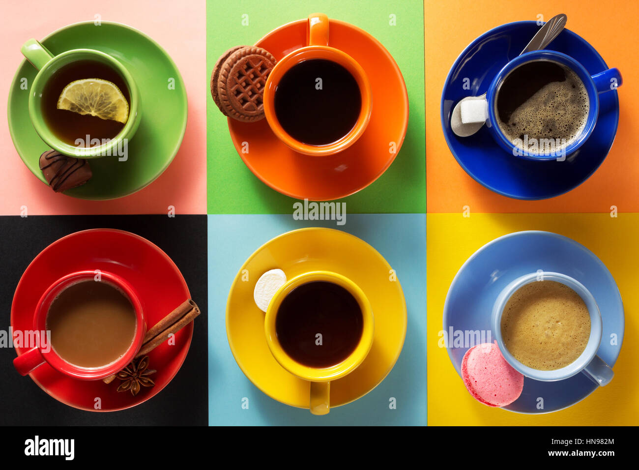 cup of coffee, tea and cacao at colorful background Stock Photo - Alamy