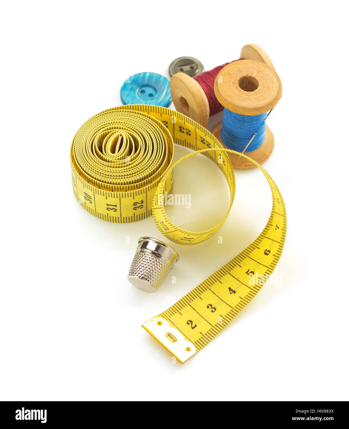 sewing tools and measuring tape isolated on white background Stock ...