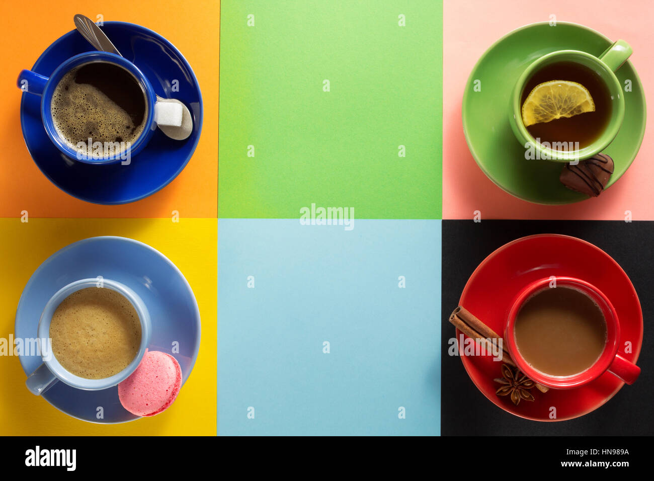 cup of coffee, tea and cacao at colorful background Stock Photo - Alamy