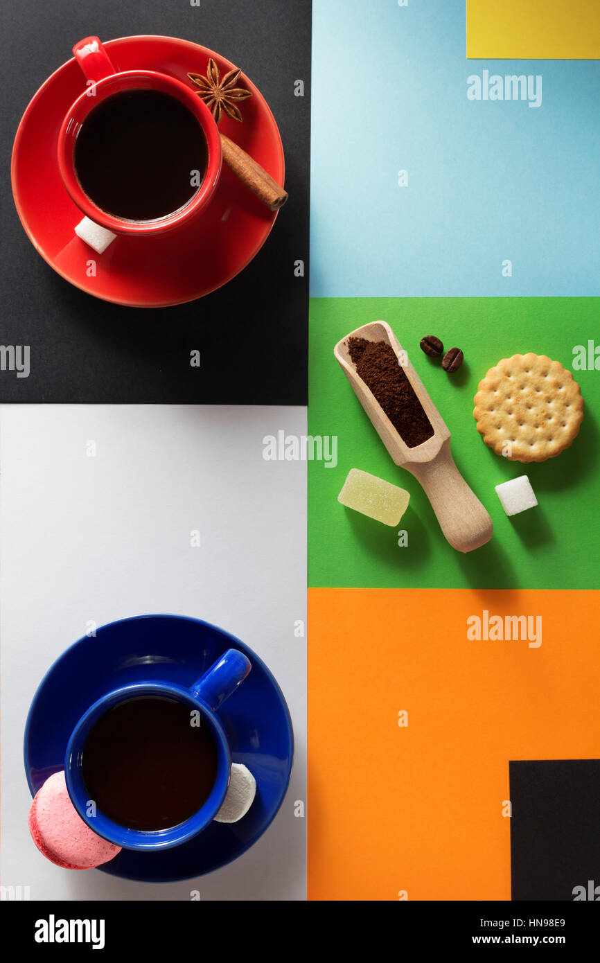 cup of coffee and cacao at colorful background Stock Photo - Alamy